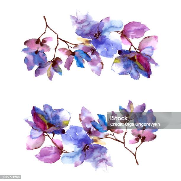 Fleurs Daquarelle Bleue Cadre Floral Décor De Fleurs Dessin Carte De