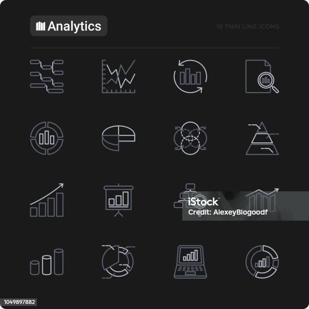 Kumpulan Ikon Garis Tipis Analitik Diagram Bagan Statistik Piramida