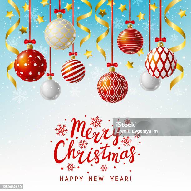 Kartu Ucapan Natal Dengan Bola Xmas Merah Putih Ilustrasi Stok Unduh