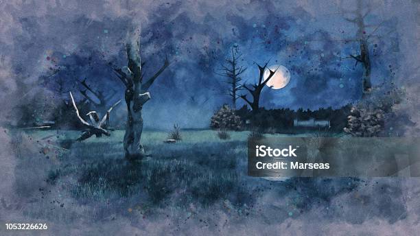 Creepy Dead Trees On Night Swamp Watercolor Sketch Stock Illustration