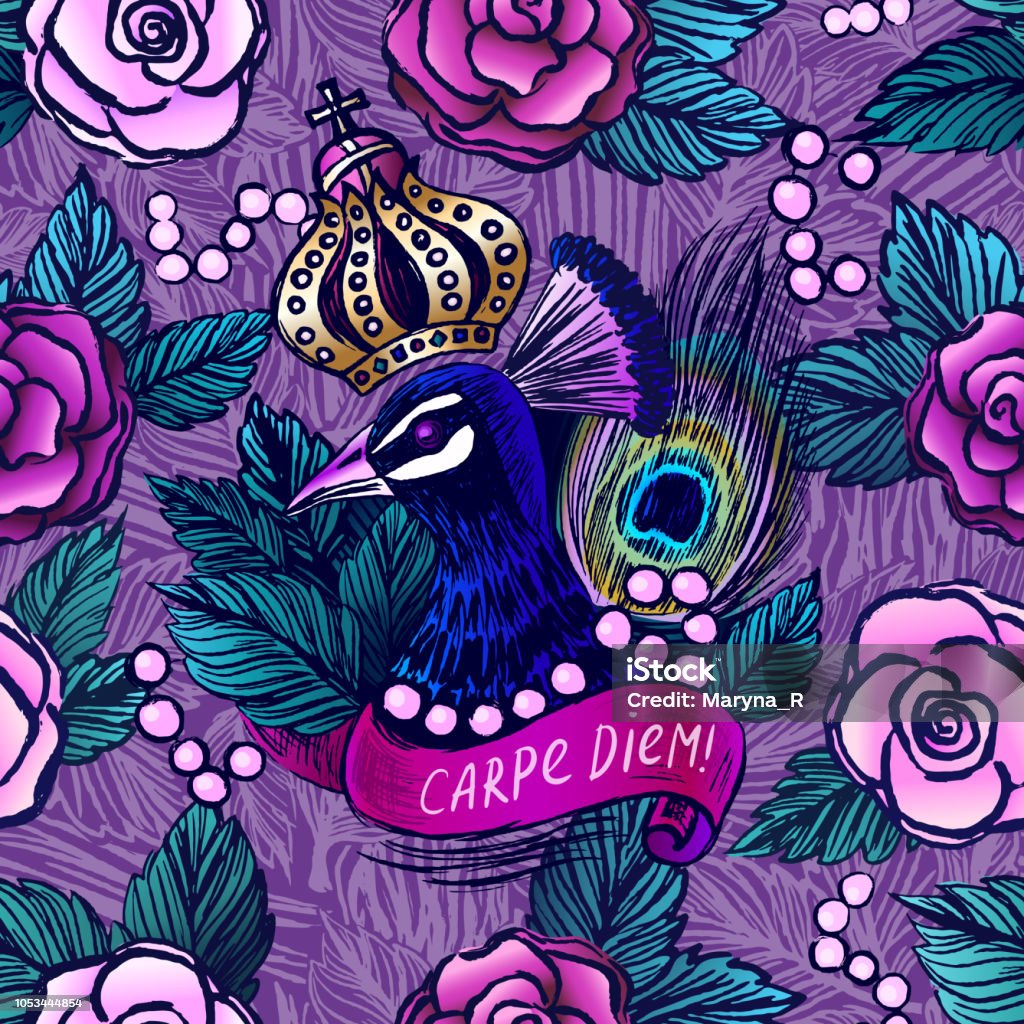 Vector Seamless Pattern With Ink Hand Drawn Peacock Stock Illustration