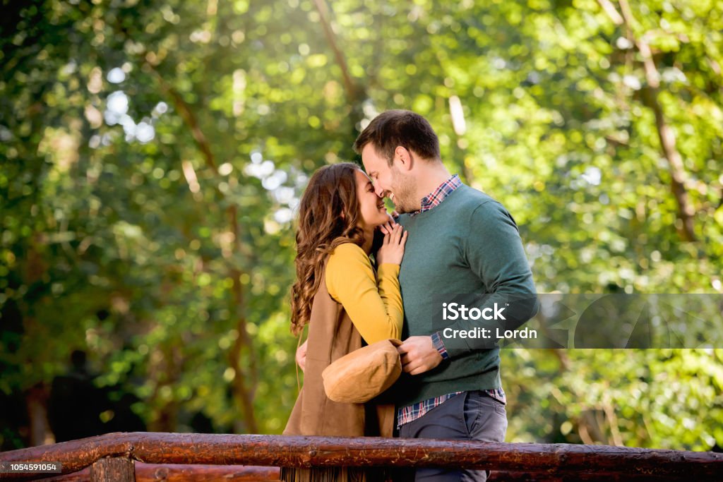 Beautiful Love Couple Hugging And Kissing In Autumn Forest Park Stock