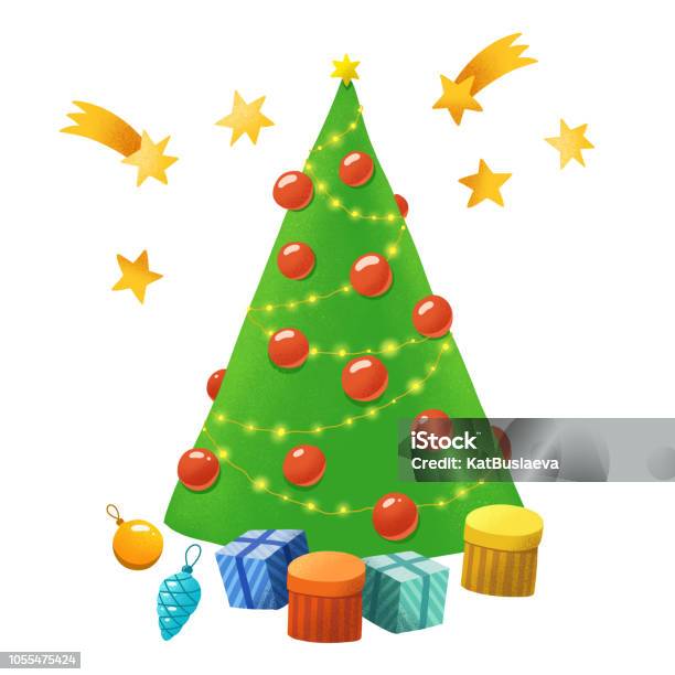Main Dessinée Simple Arbre De Noël Étoiles Cadeaux Jouets De Larbre Et