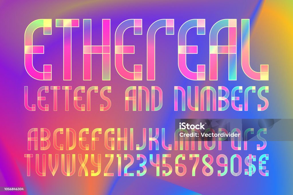 Huruf Dan Angka Ethereal Dengan Simbol Mata Uang Font Tembus Warna