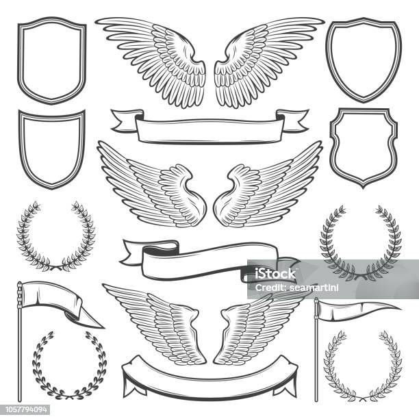 Heraldic Wings Shields And Ribbons Vector Stock Illustration Download