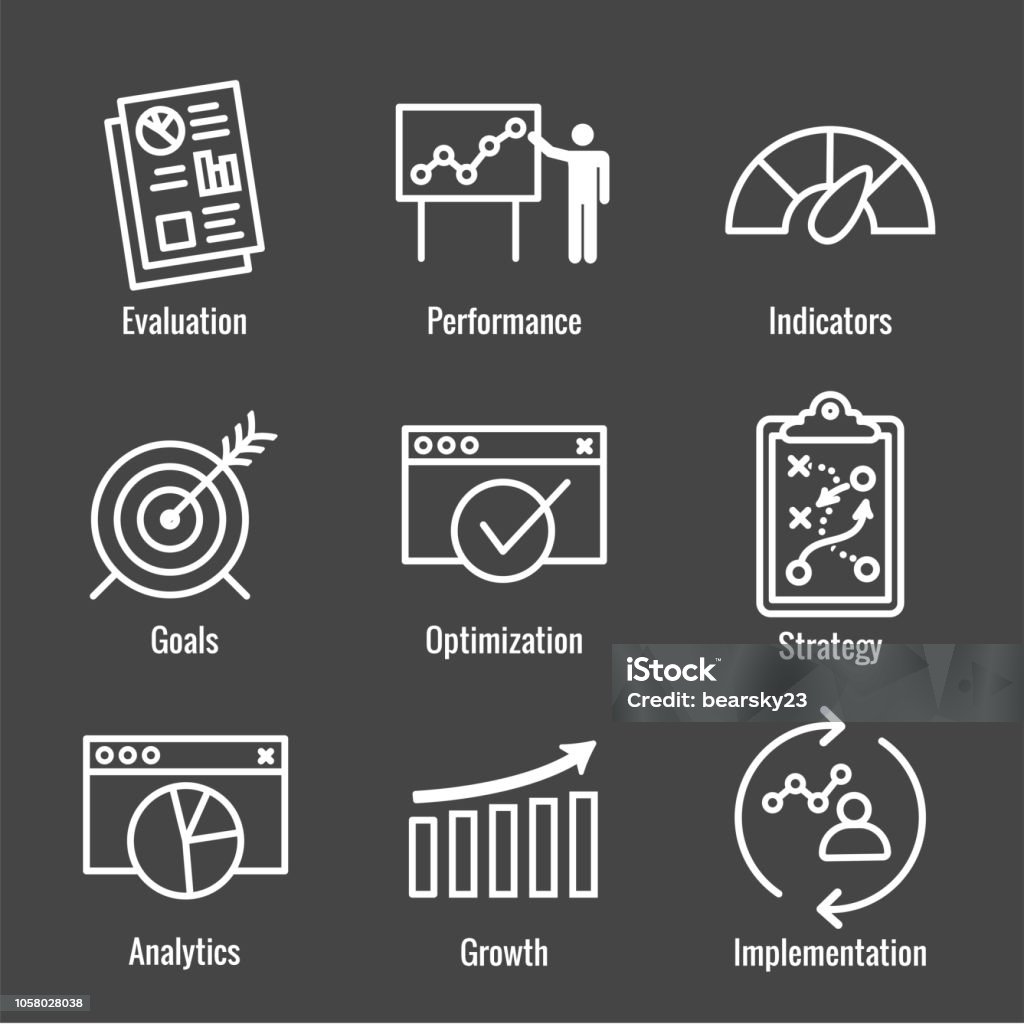 Kpi Key Performance Indicators Icon Set With Evaluation Growth Strategy Etc Stock Illustration