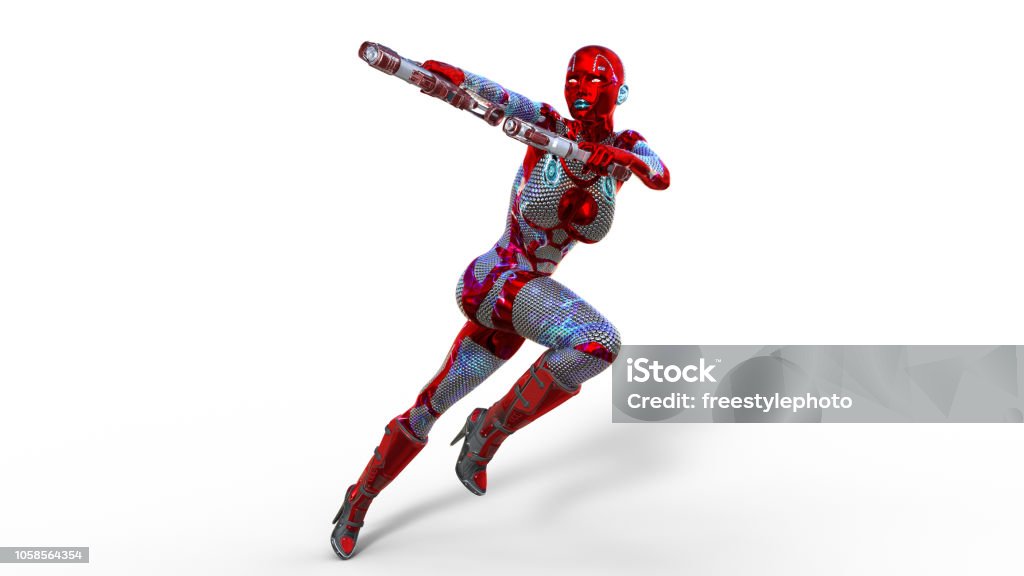 Android Woman Soldier Military Female Cyborg Armed With Guns Running