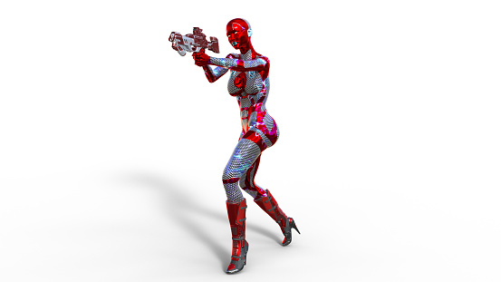Android Woman Soldier Military Female Cyborg Armed With Gun Standing