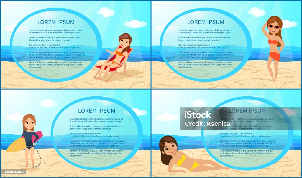 Vetores De Meninas Na Praia Conjunto De Pôsteres Quadros O Estilo De Desenho Animado Ilustração