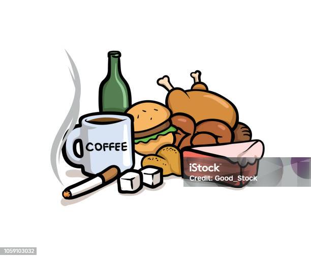 Kebiasaan Buruk Kafein Gula Merokok Dan Junk Food Ilustrasi Vektor