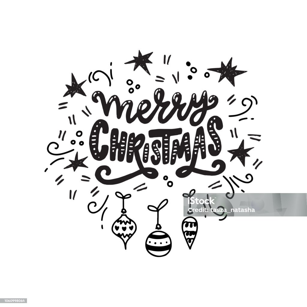 Merry Christmas Hand Lettering Phrase And Doodles Stock Illustration