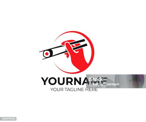 Tangan Memegang Sushi Dan Gulungan Dengan Sumpit Desain Logo Masakan