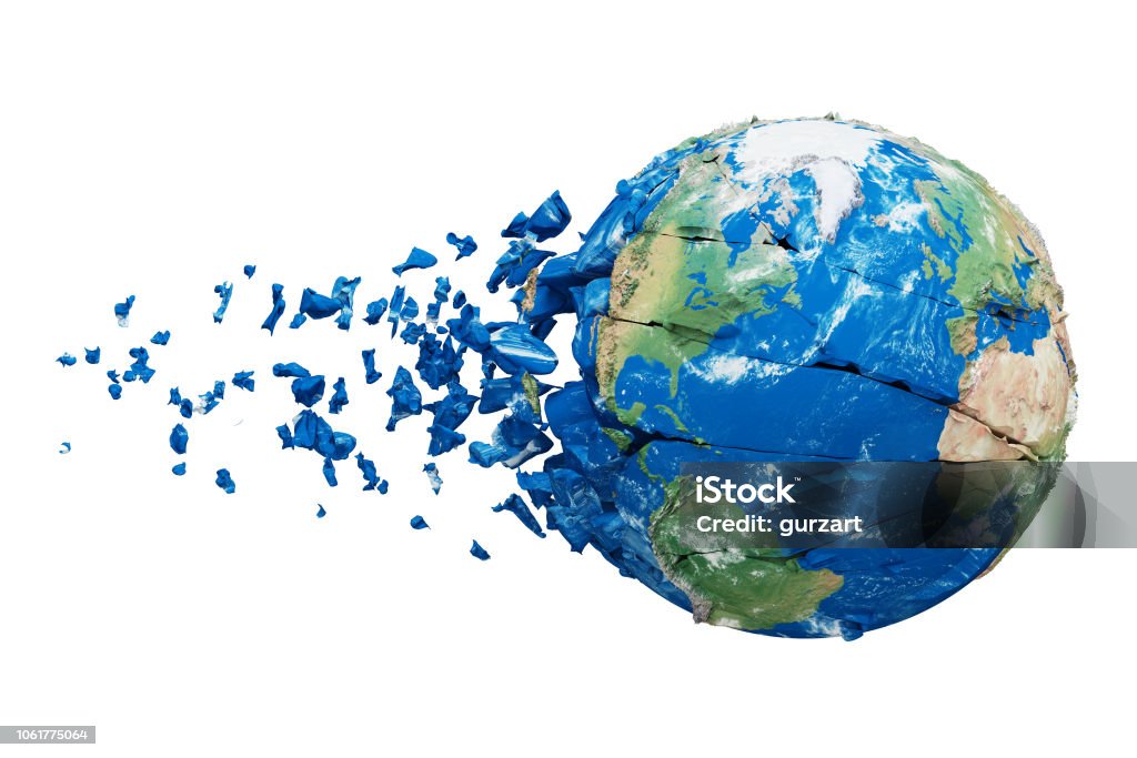 Globo De Tierra Roto Destrozado Planeta Aislado Sobre Fondo Blanco Azul