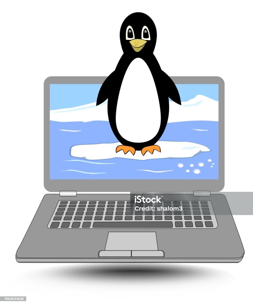 Ordinateur Portable Avec Le Pingouin Qui Sortent De Lécran Label Mignon
