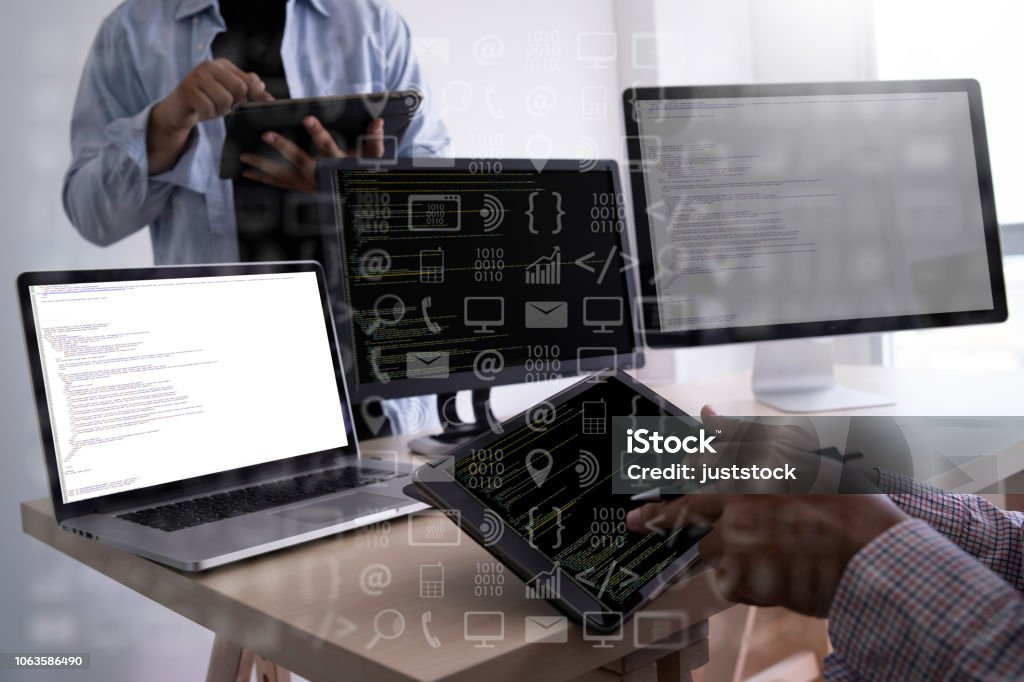 Man Work Coding Software Developer Programmer Is Coding On A Desktop