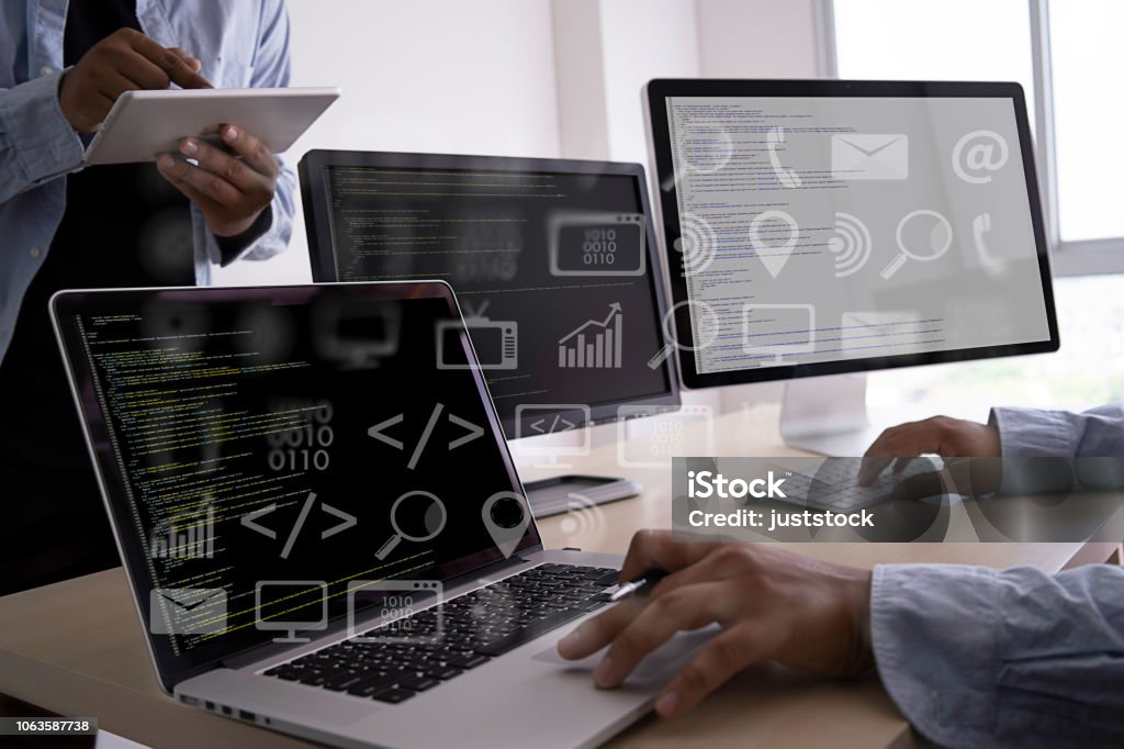 Man Work Coding Software Developer Programmer Is Coding On A Desktop