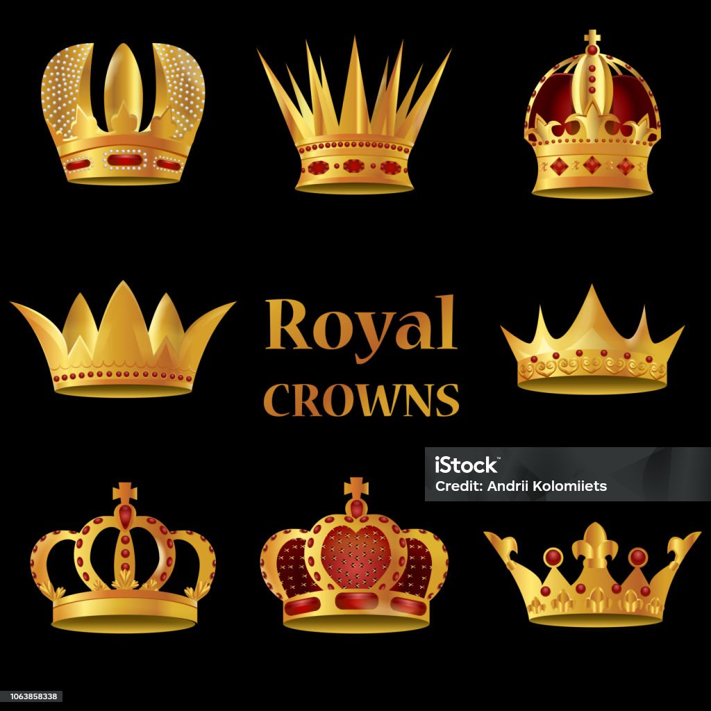 Set Of Realistic Royal Golden Crowns With Gradient Mesh Stock