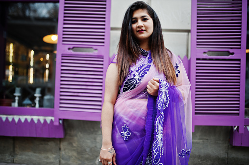 India Chica Hindú En Su Tradicional Sari Violeta Foto De Stock Y Más
