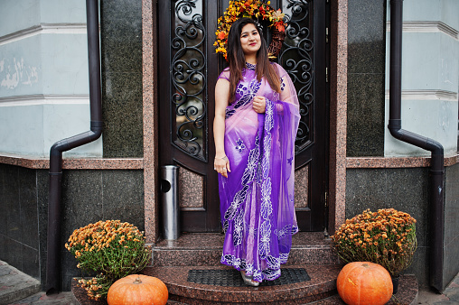 India Chica Hindú En Su Tradicional Sari Violeta Foto De Stock Y Más