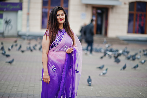 India Chica Hindú En Su Tradicional Sari Violeta Foto De Stock Y Más