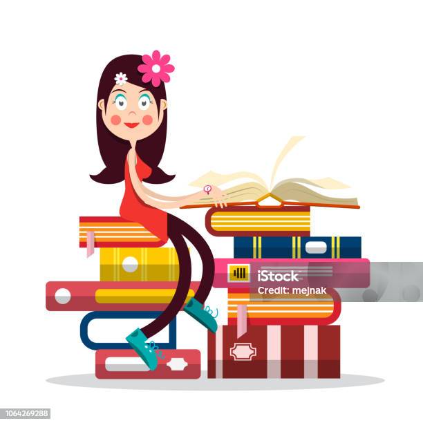 Buku Bacaan Gadis Cantik Muda Vector Gadis Kartun Duduk Di Tumpukan ... Buku Bacaan Gadis Cantik Muda Vector Gadis Kartun Duduk Di Tumpukan ...