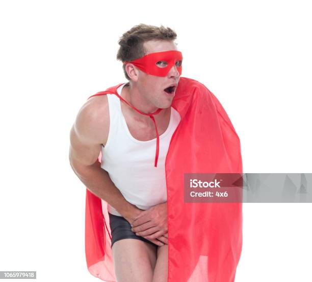 Man In Casual Clothes With Super Hero Cape Is Caught With His Pants