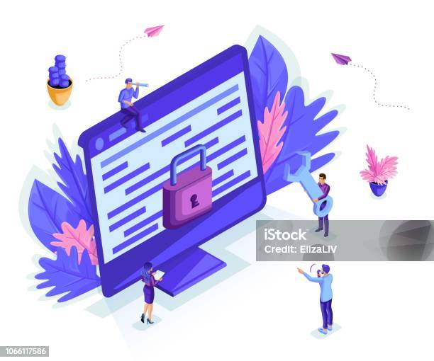 Isometric Small People Work With A Monitor Concept Of Protecting Computer Data For A Web Page