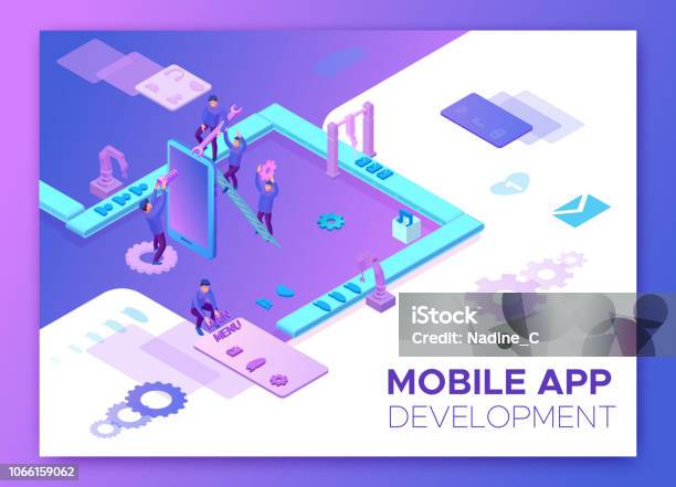 Pengembangan Aplikasi Seluler Konsep Isometrik 3d Ilustrasi Vektor