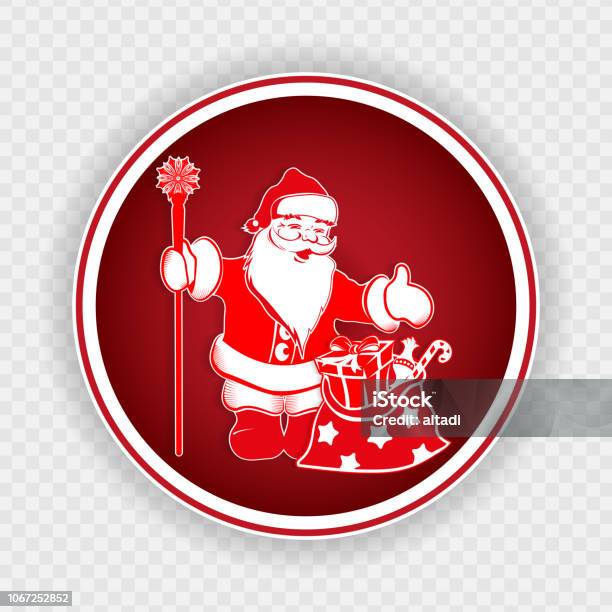 Tanda Merah Bulat Natal Dengan Siluet Santa Claus Dengan Staf Dan Tas ... Tanda Merah Bulat Natal Dengan Siluet Santa Claus Dengan Staf Dan Tas ...