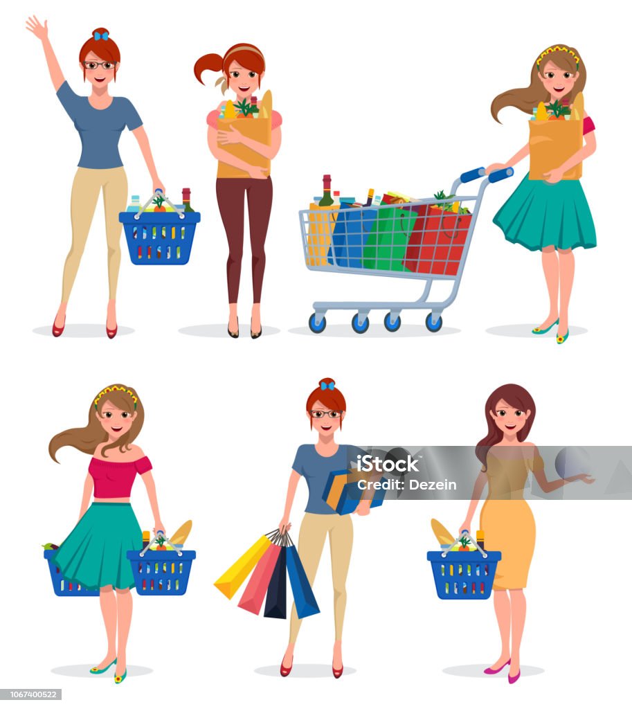 Woman Shopping Character Set Female Shopper Vector Cartoon Characters