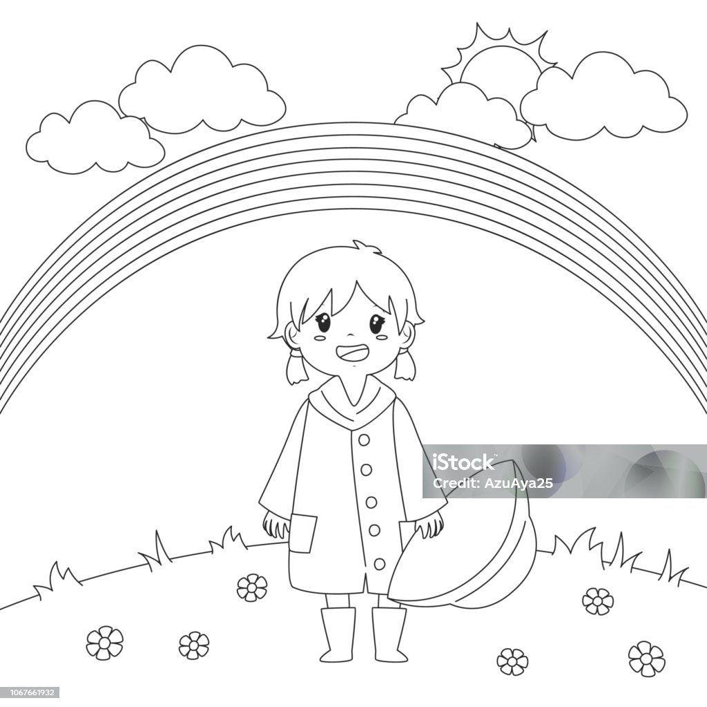 Ilustración De Niña Bajo El Arco Iris Para Colorear Página Vector Diseño Y Más Vectores Libres