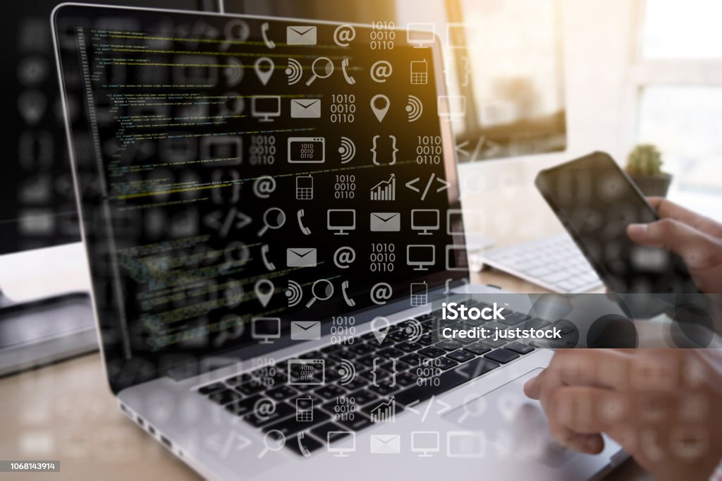 Man Work Coding Software Developer Programmer Is Coding On A Desktop ... Man Work Coding Software Developer Programmer Is Coding On A Desktop ...