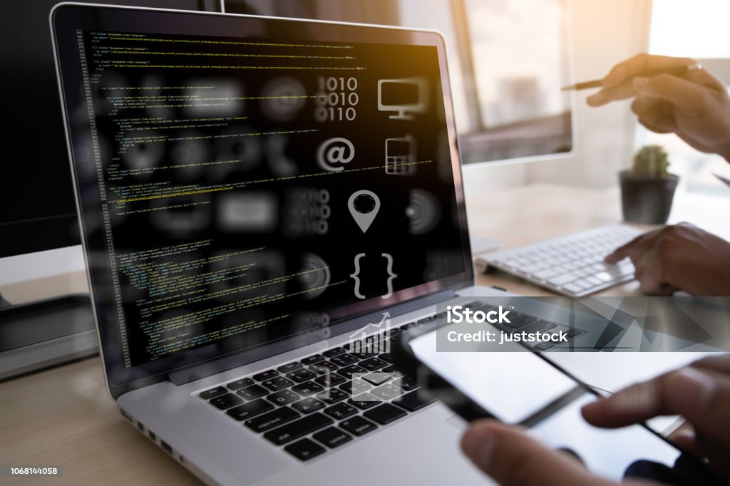 Man Work Coding Software Developer Programmer Is Coding On A Desktop ... Man Work Coding Software Developer Programmer Is Coding On A Desktop ...