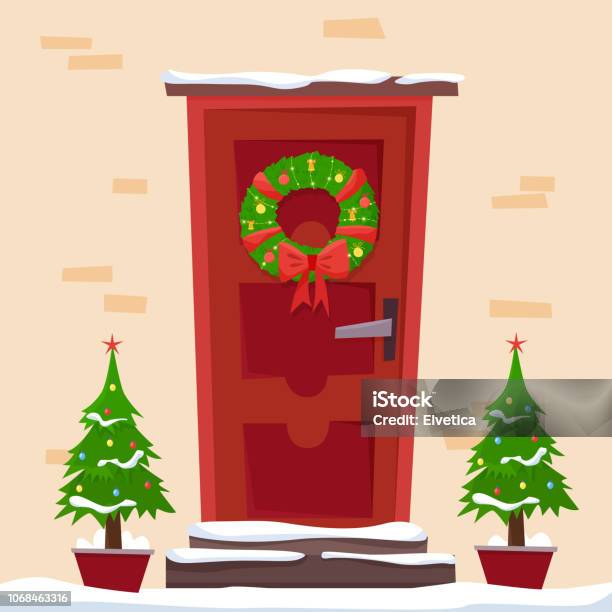 Pintu Merah Natal Dengan Karangan Bunga Salju Dan Cemara Ilustrasi Stok ... Pintu Merah Natal Dengan Karangan Bunga Salju Dan Cemara Ilustrasi Stok ...