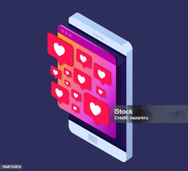Konsep Media Sosial Ponsel Dengan Pesan Suka Ilustrasi Isometrik Vektor
