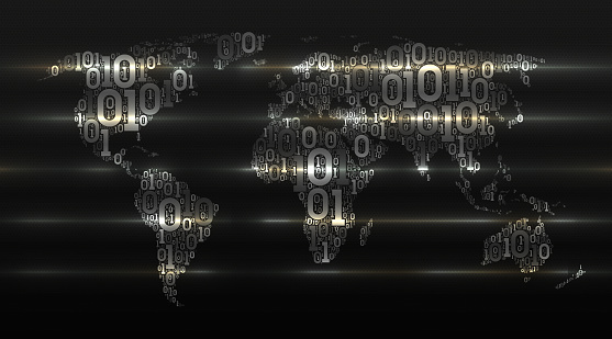 Binary Code World Map With Continents On Dark Cellular Background Abstract Digital Technologies