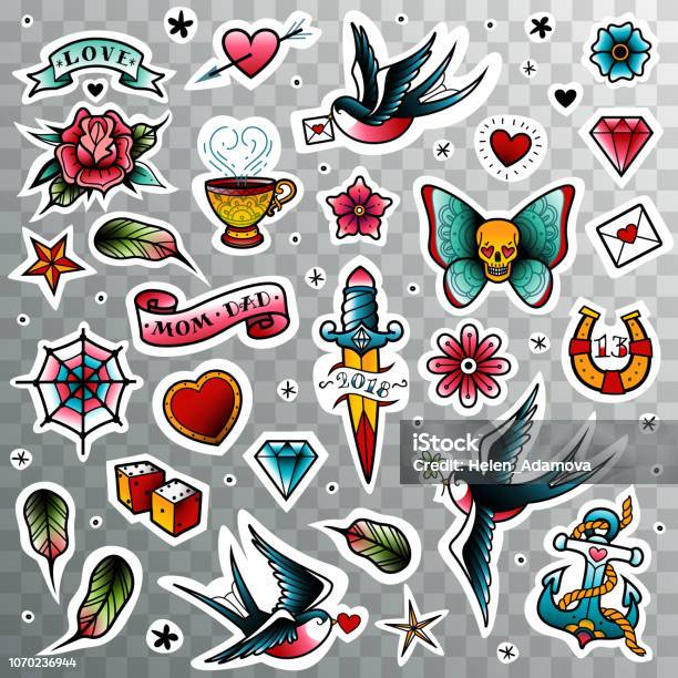Oldschool Tattoo Set Stock Vektor Art Und Mehr Bilder Von Tätowierung Tätowierung