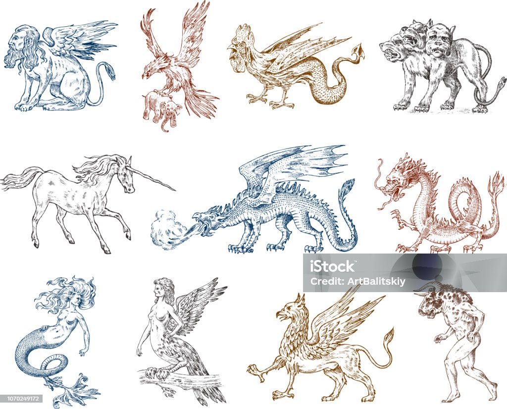 Set Van Mythologische Dieren Zeemeermin Minotaur Unicorn Chinese Draak ... Set Van Mythologische Dieren Zeemeermin Minotaur Unicorn Chinese Draak ...