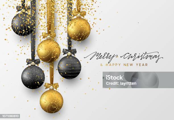Ilustración De Tarjeta De Felicitación De Navidad Diseño De Bolas De Navidad Con Confeti De Oro