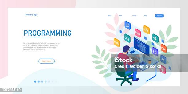 Isometric Programmer Coding New Project Web Developer Programming Concept Landing Page Or Mobile