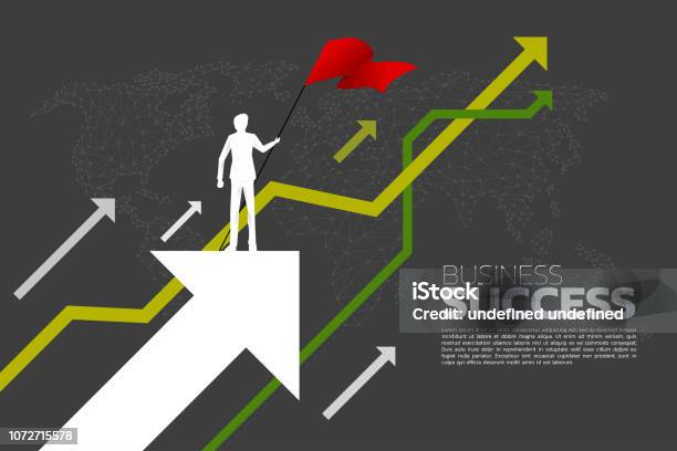 Siluet Pengusaha Dengan Bendera Merah Berdiri Dengan Grafik Pertumbuhan