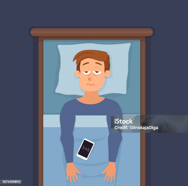 Sleepless Man Face Cartoon Character Suffers From Insomnia Stock