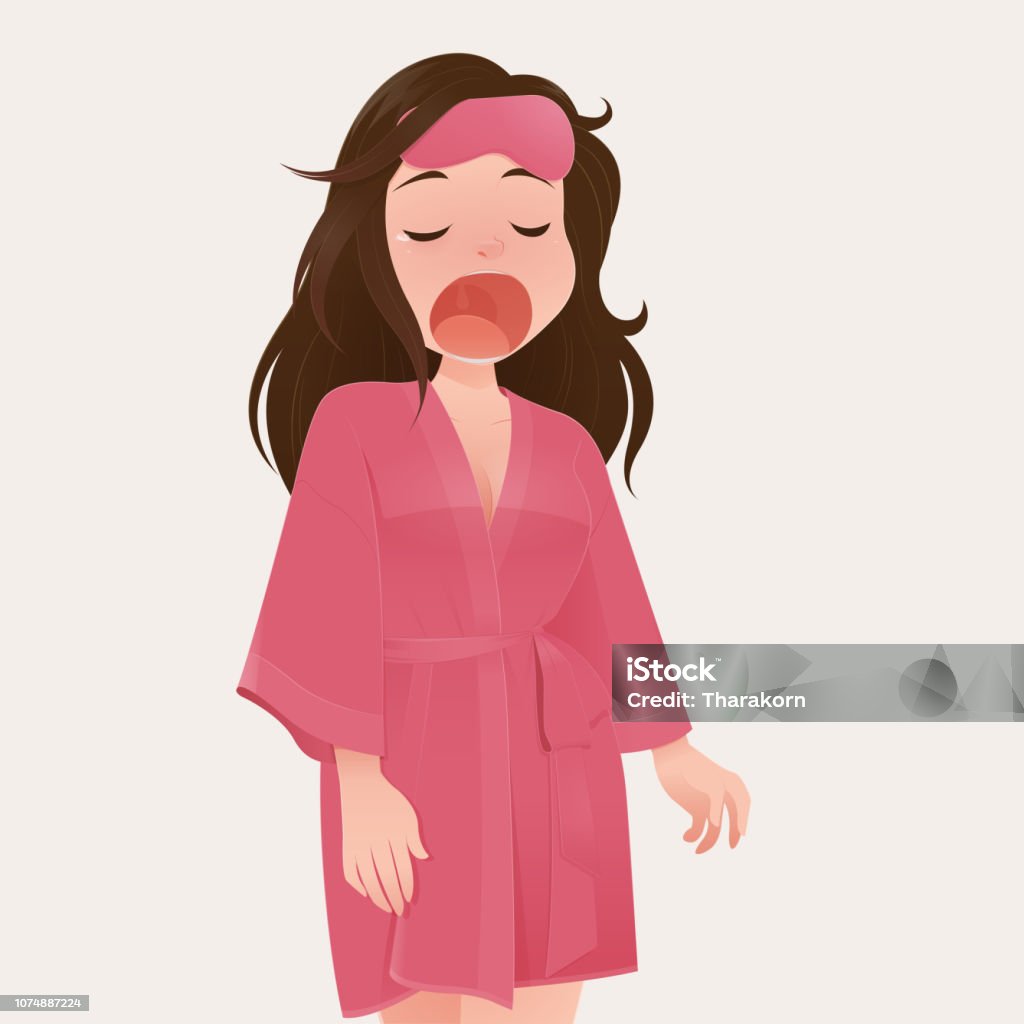 Ilustrasi Wanita Dengan Jubah Merah Muda Menguap Dengan Latar Belakang