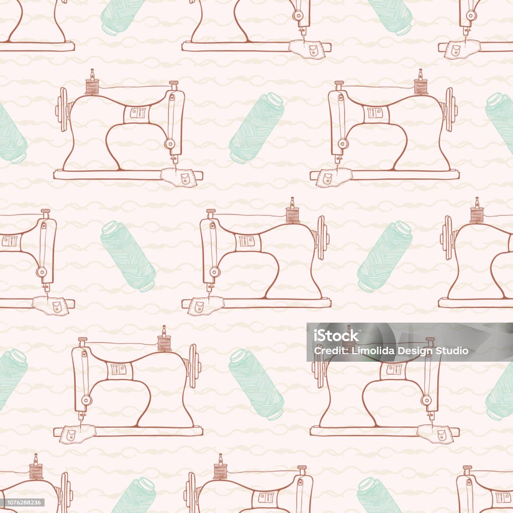 Retro Vintage Sewing Machine Seamless Pattern Hand Crafts Stock
