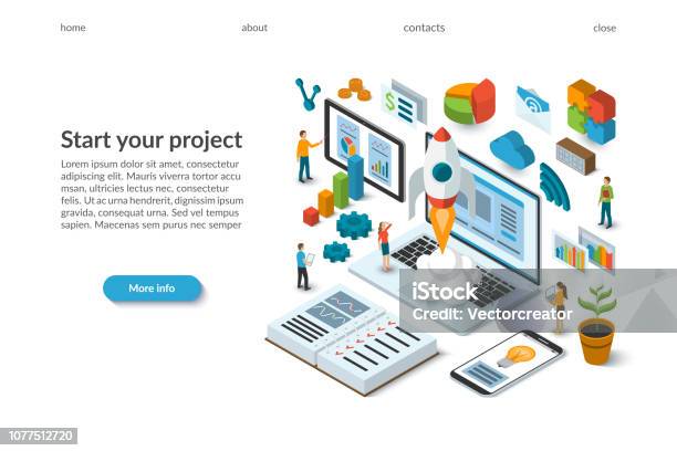 Konsep Isometrik Startup Bisnis Peluncuran Roket Dari Laptop Templat