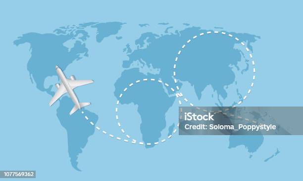 Airplane Flying And Trace A Blue Dashed Trace Line On A World Map