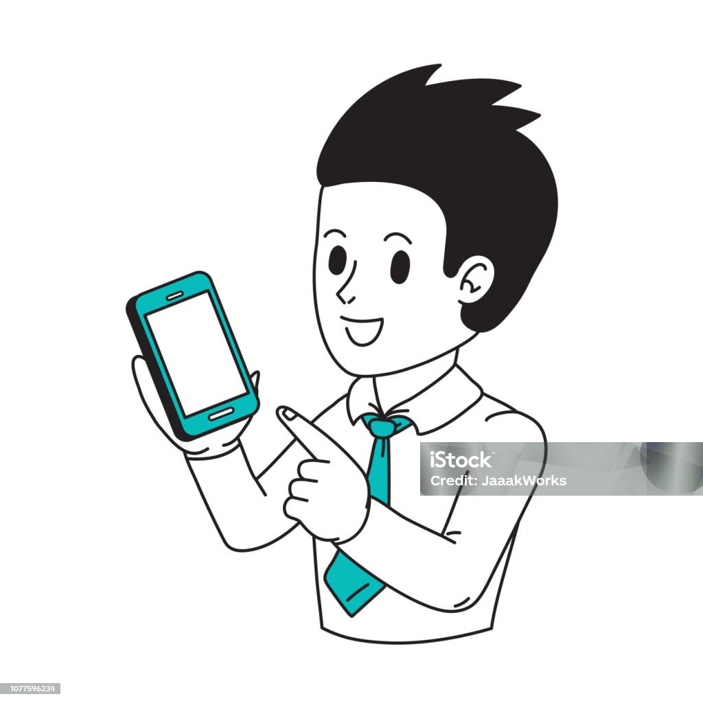 Vector Cartoon Businessman Holding Smartphone And Pointing On The Blank