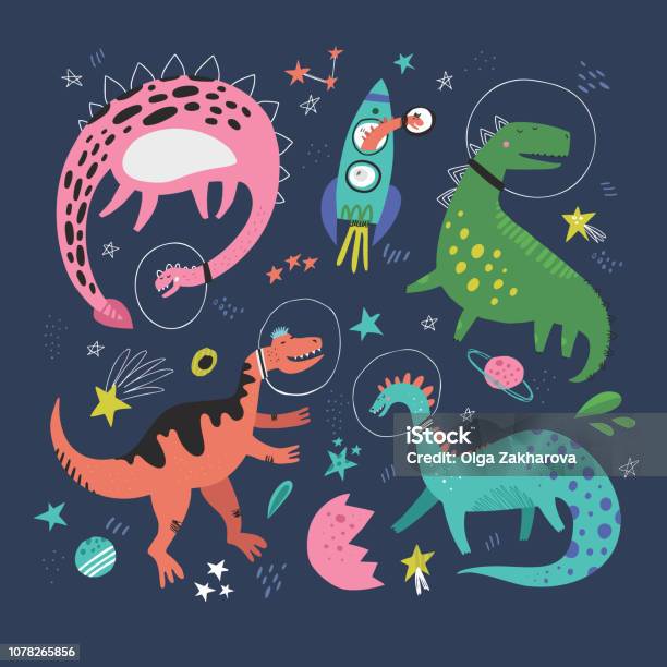 Dinosaurus Lucu Di Ruang Yang Digambar Tangan Karakter Warna Vektor