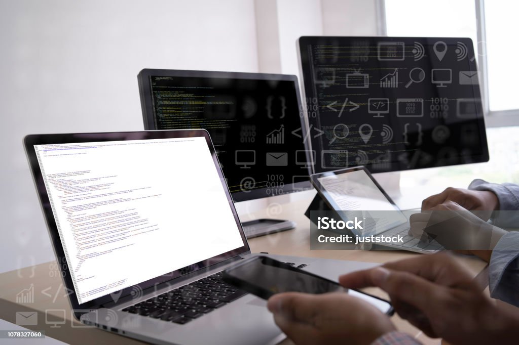 Man Work Coding Software Developer Programmer Is Coding On A Desktop ... Man Work Coding Software Developer Programmer Is Coding On A Desktop ...