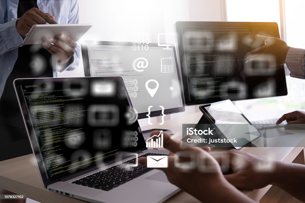 Man Work Coding Software Developer Programmer Is Coding On A Desktop